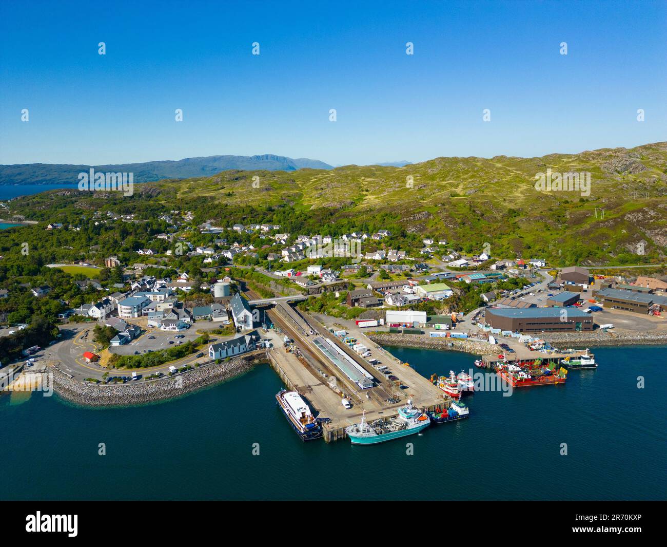 Aerial view from drone of Kyle of Lochalsh village and harbour in Ross ...