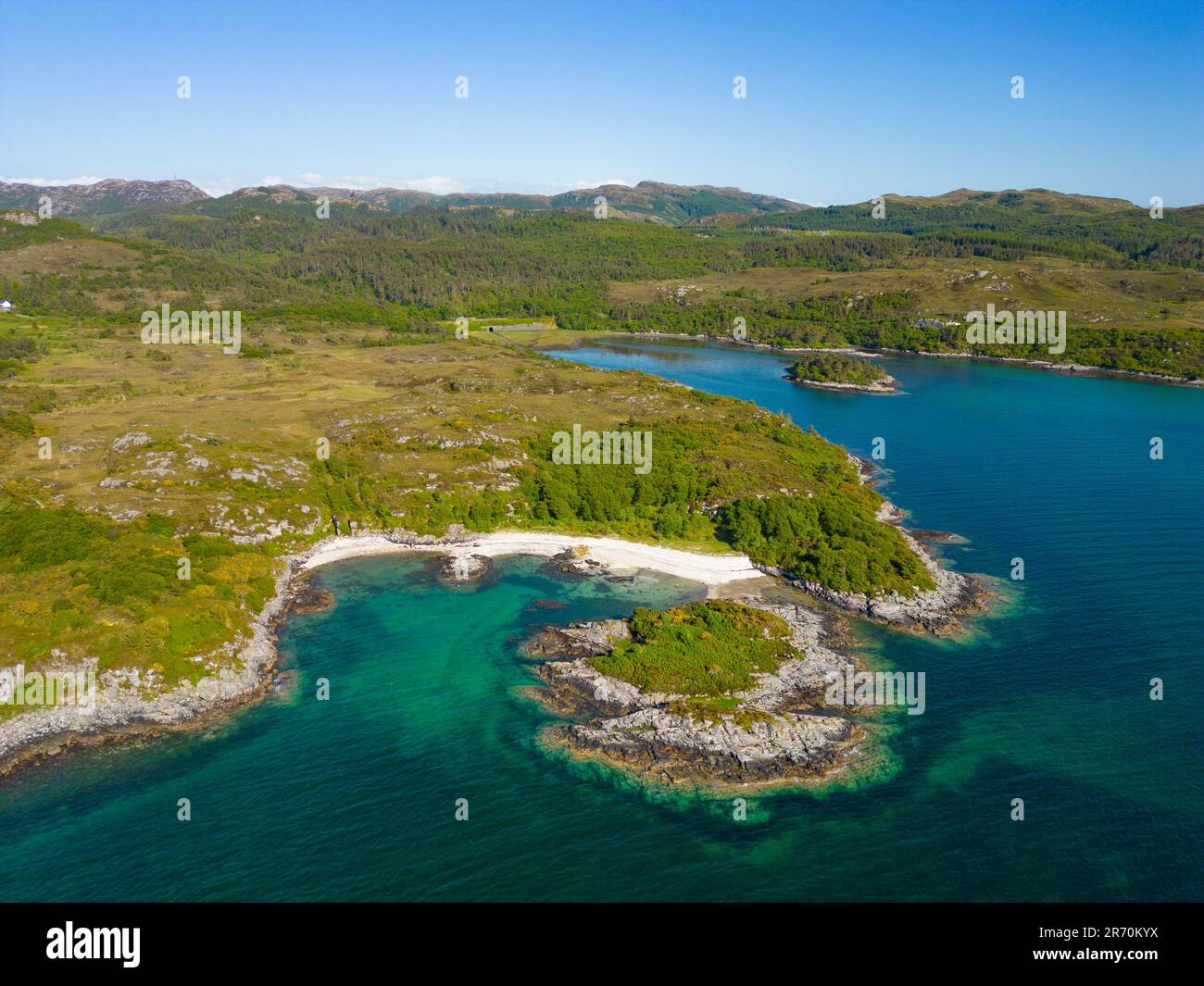 Aerial view of beach at Camas Dubh Aird, or Coral Beach, at Plockton ...