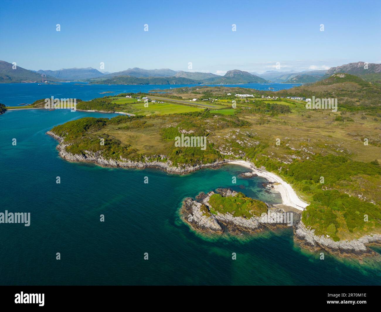 Aerial view of beach at Camas Dubh Aird, or Coral Beach, at Plockton ...