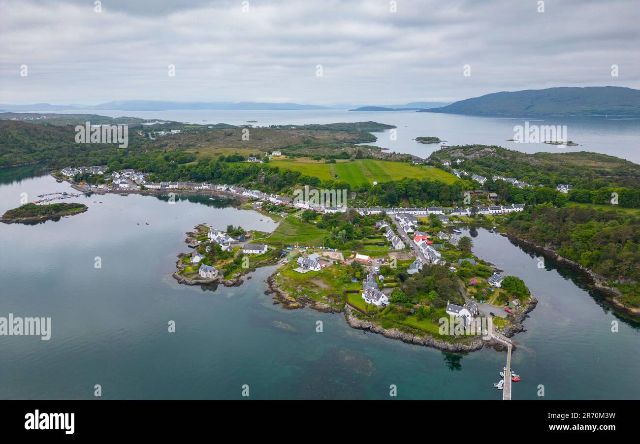 Aerial view from drone of village of Plockton, Wester Ross, Scotland ...
