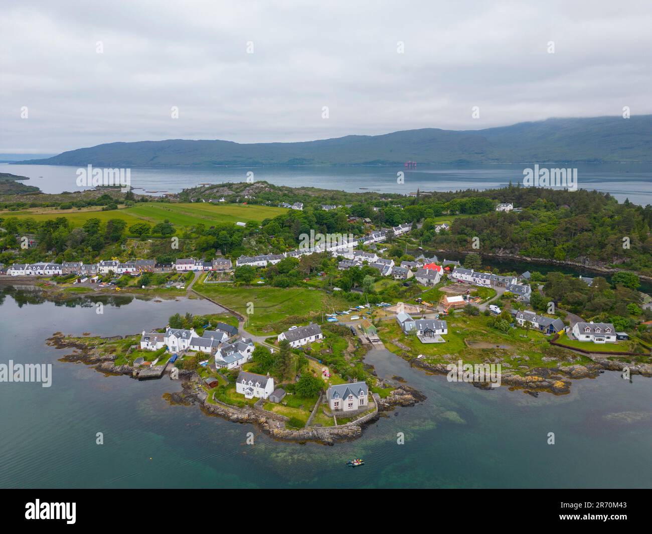 Aerial view from drone of village of Plockton, Wester Ross, Scotland ...