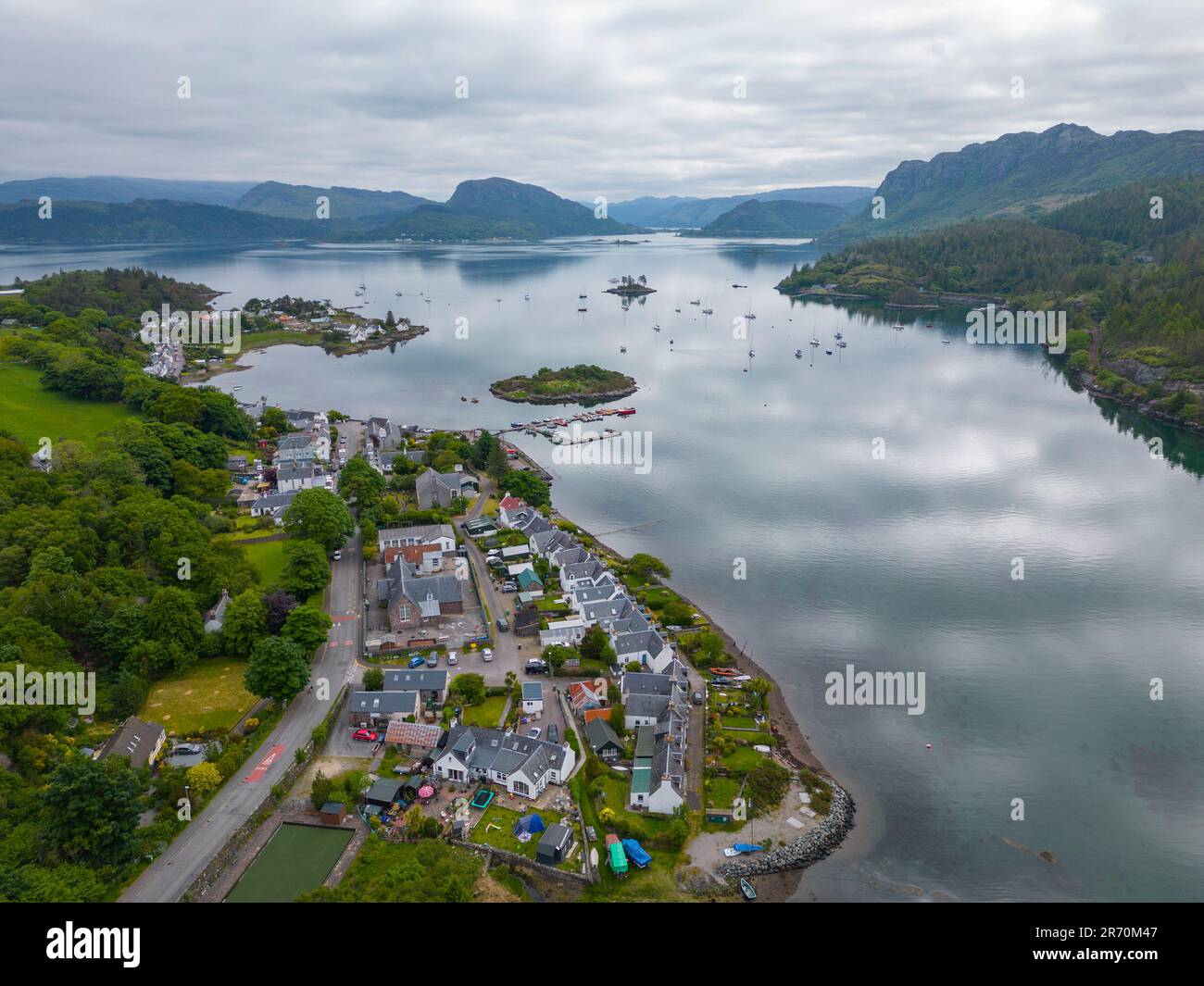 Aerial view from drone of village of Plockton, Wester Ross, Scotland ...