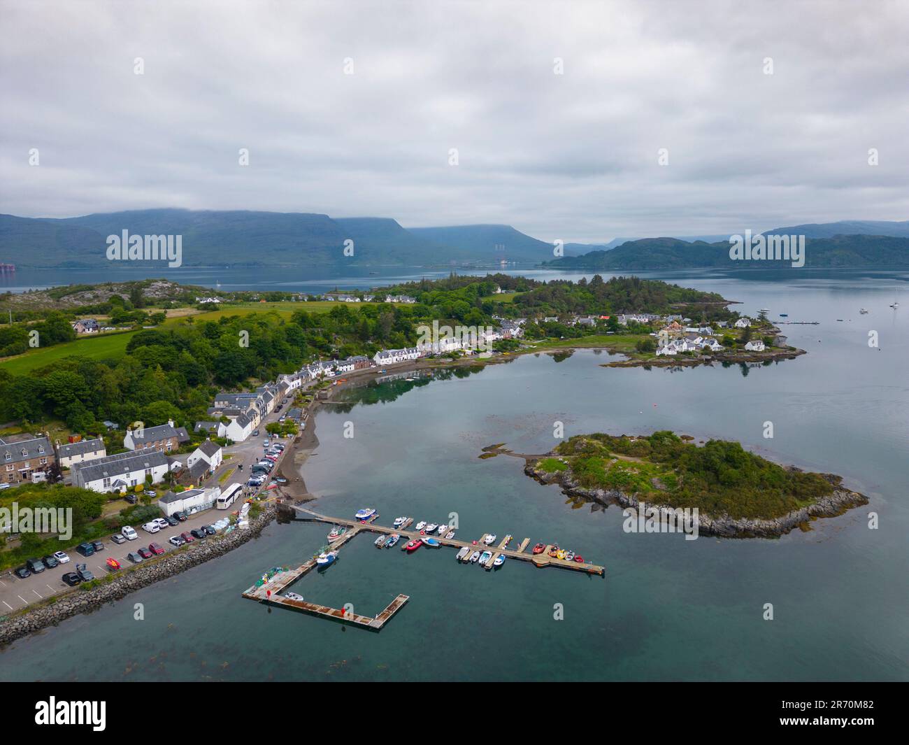 Aerial view from drone of village of Plockton, Wester Ross, Scotland ...