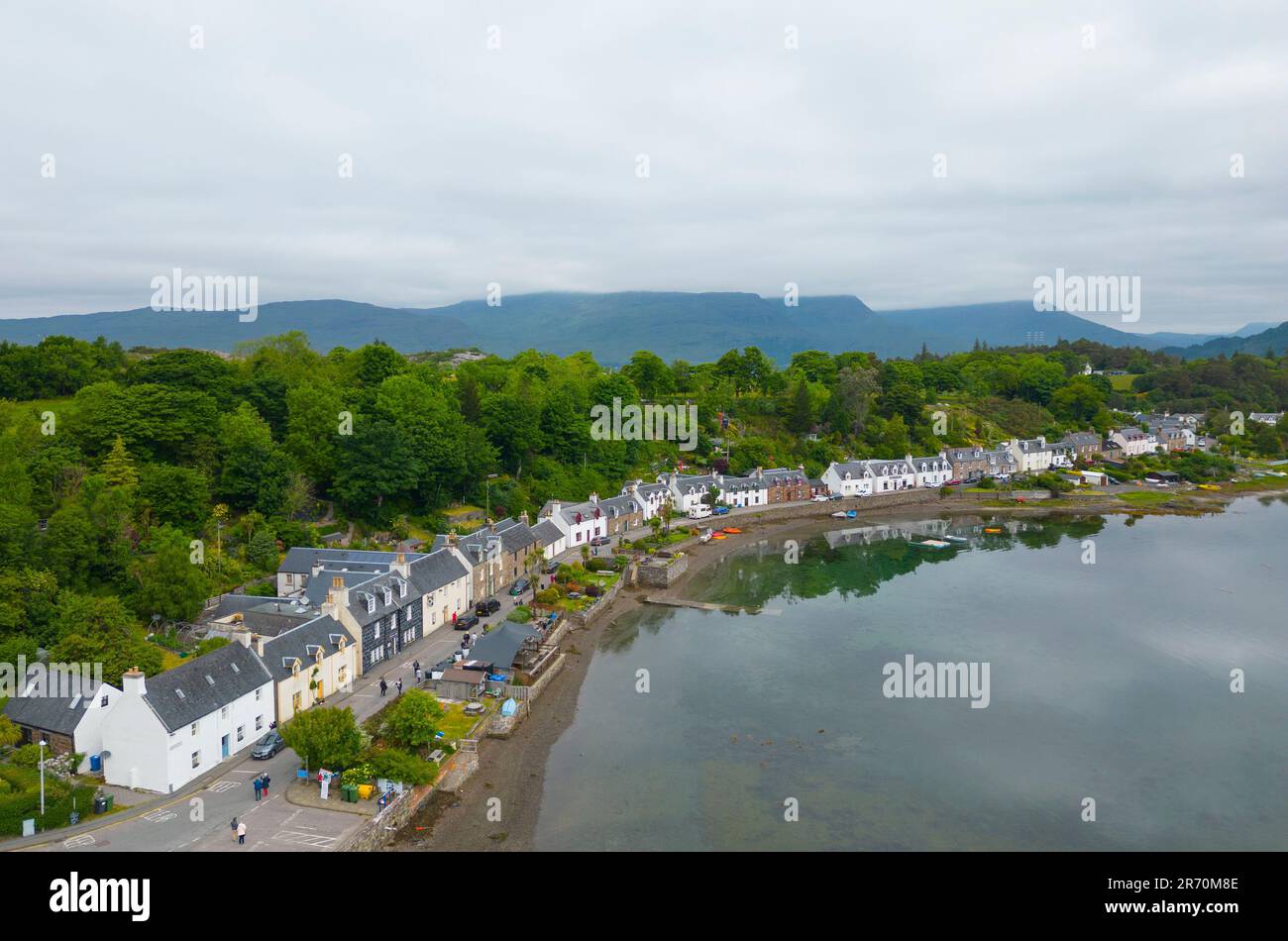 Aerial view from drone of village of Plockton, Wester Ross, Scotland ...