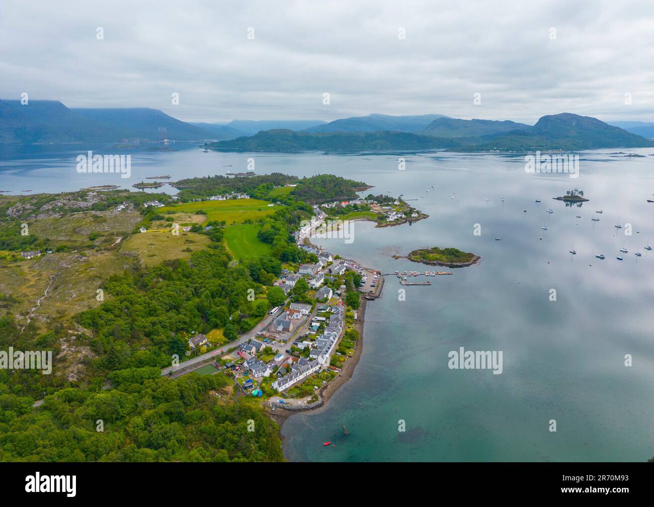 Aerial view from drone of village of Plockton, Wester Ross, Scotland ...