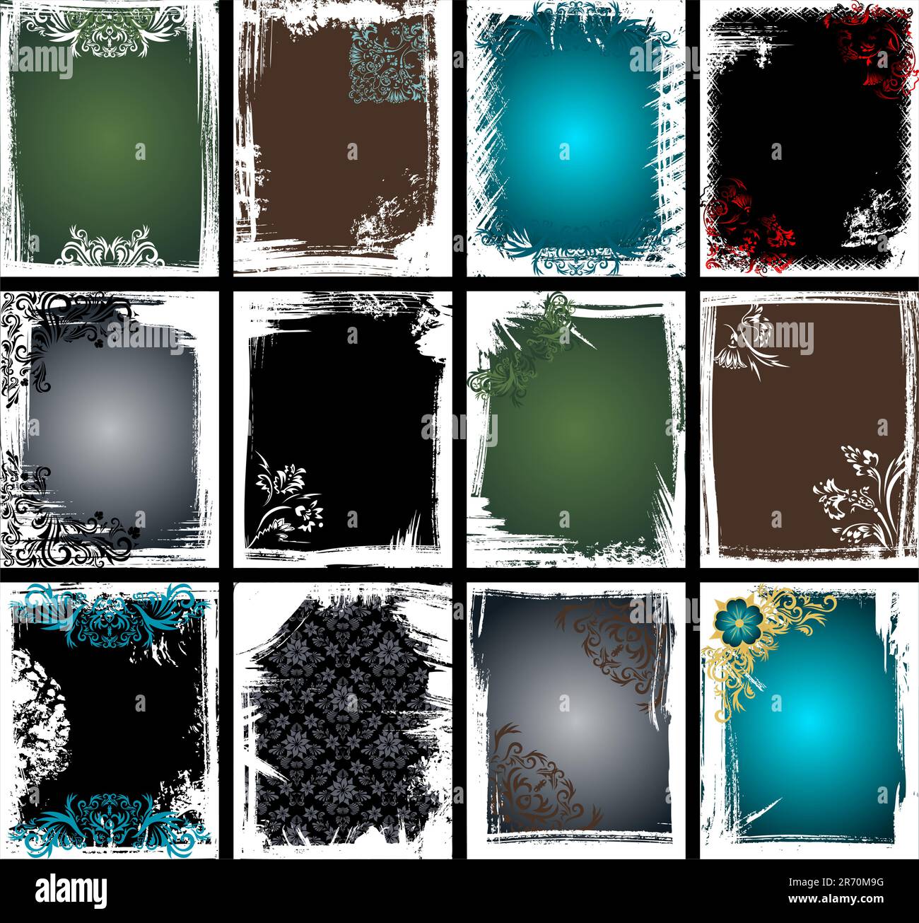 A set of 12 grunge frames made with paint, chalks and charcoal Stock ...