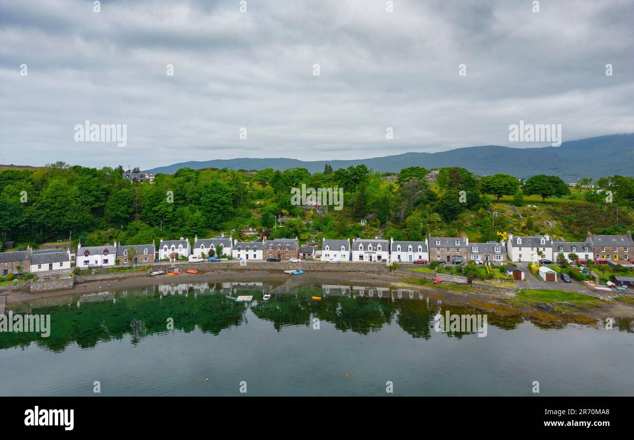 Aerial view from drone of village of Plockton, Wester Ross, Scotland ...