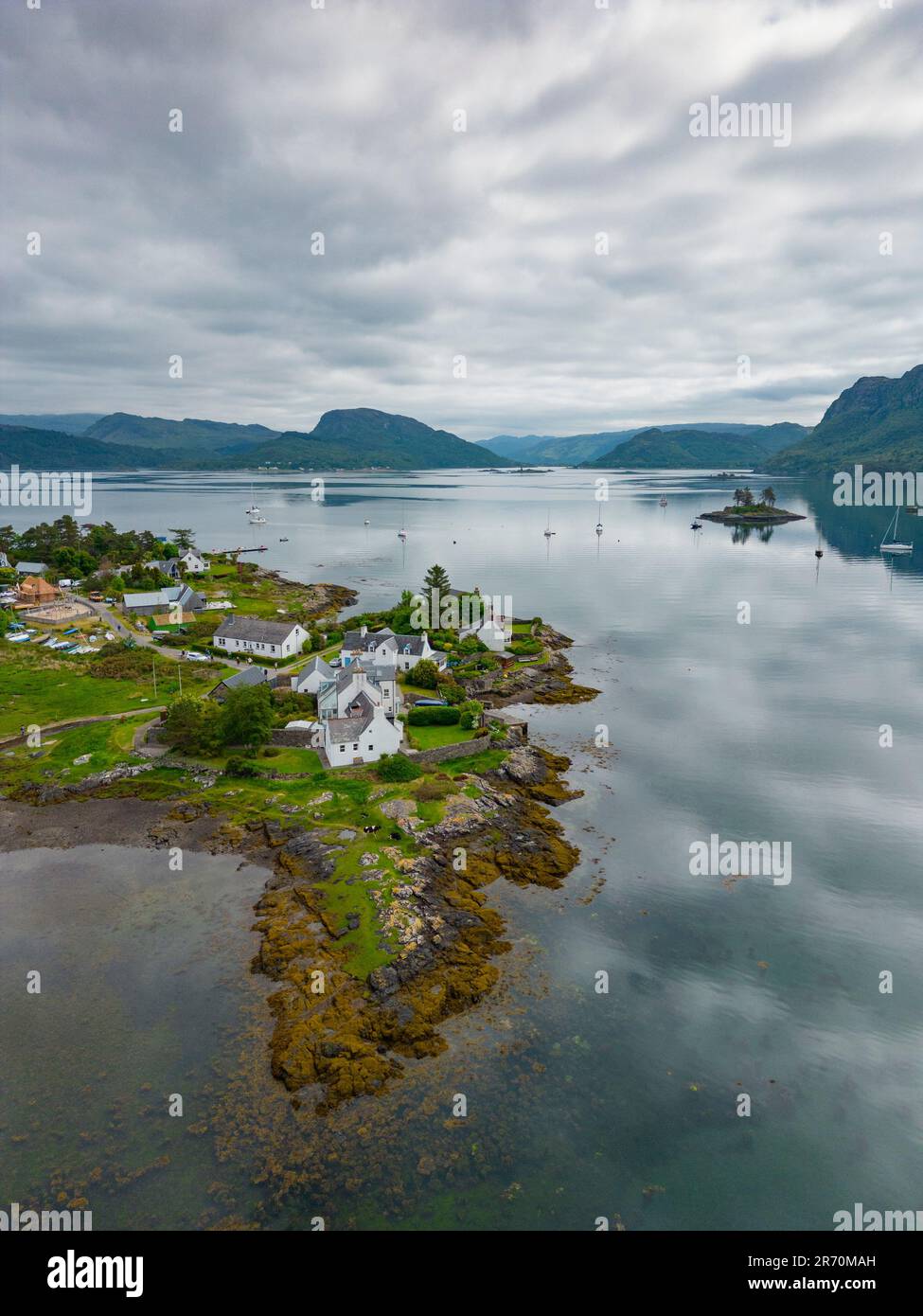 Aerial view from drone of village of Plockton, Wester Ross, Scotland ...