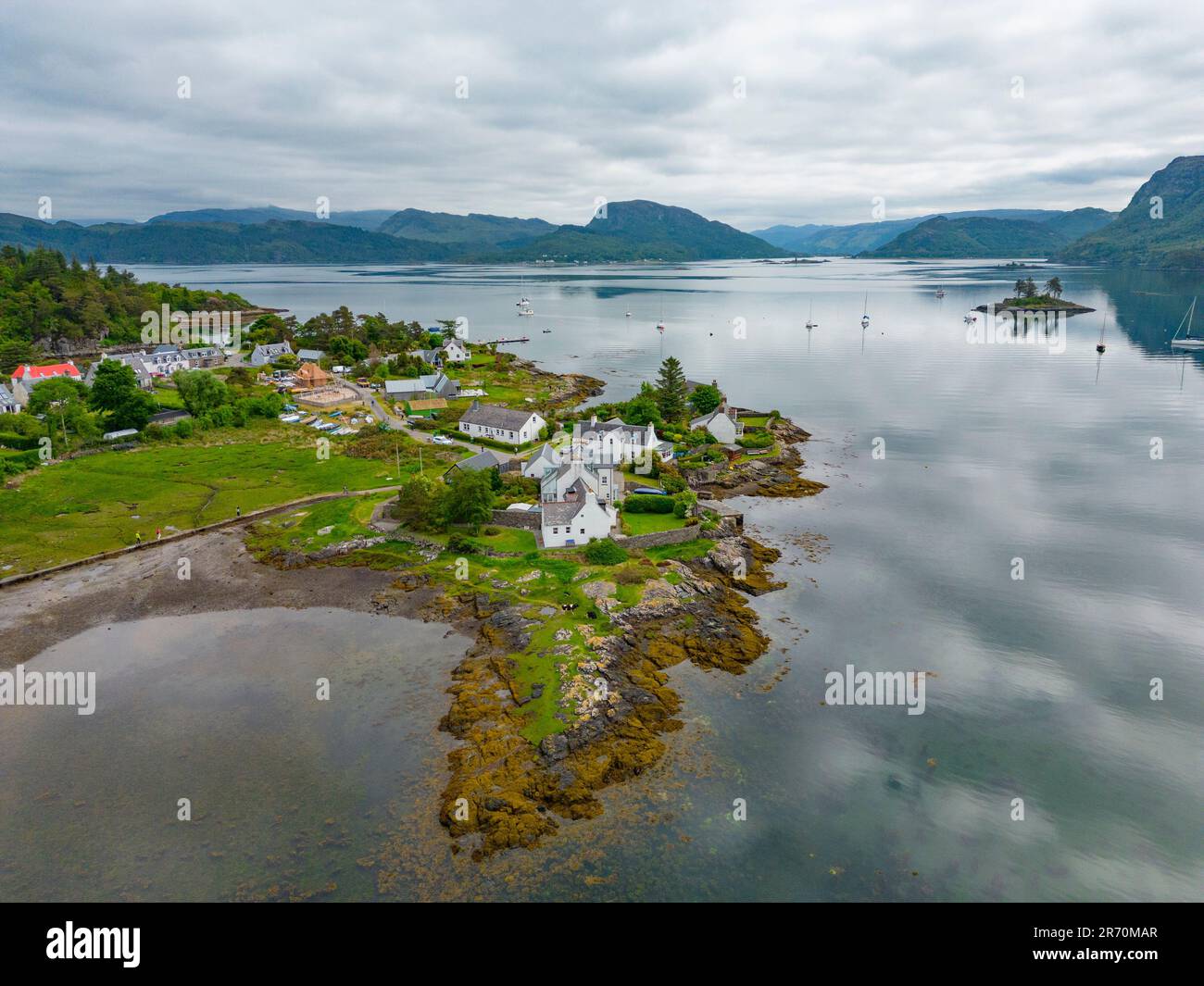 Aerial view from drone of village of Plockton, Wester Ross, Scotland ...