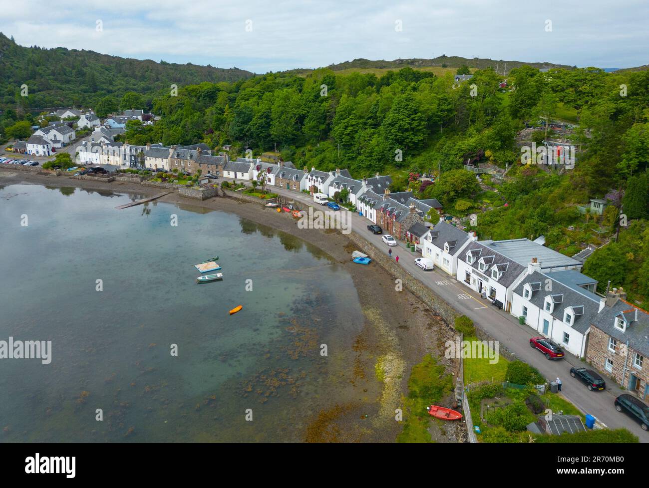 Aerial view from drone of village of Plockton, Wester Ross, Scotland ...