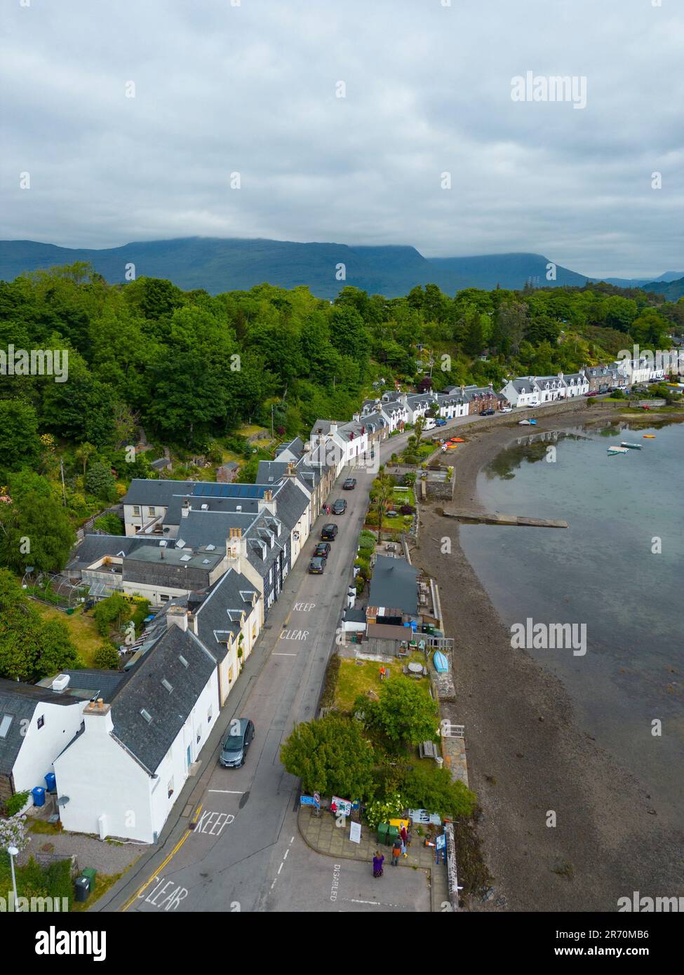 Aerial view from drone of village of Plockton, Wester Ross, Scotland ...