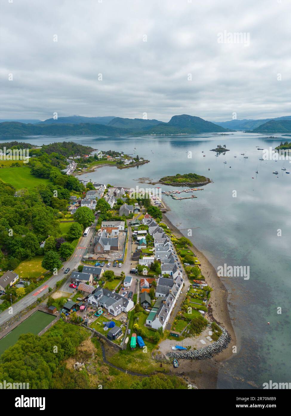 Aerial view from drone of village of Plockton, Wester Ross, Scotland ...