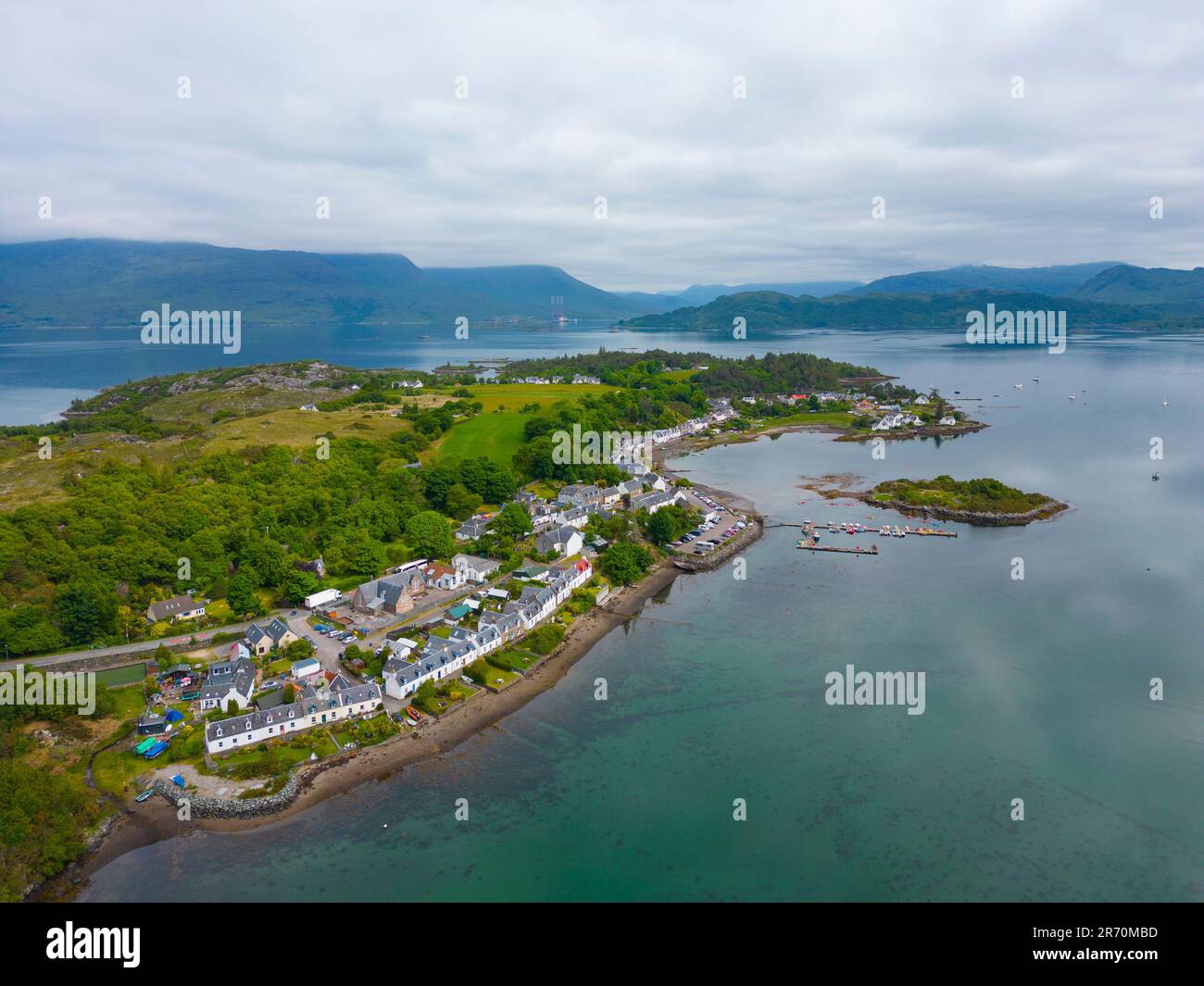 Aerial view from drone of village of Plockton, Wester Ross, Scotland ...