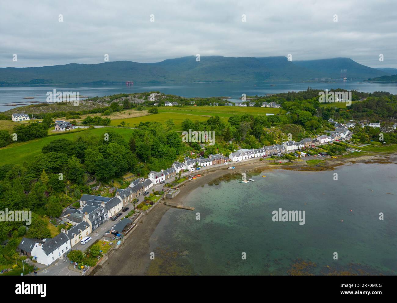 Aerial view from drone of village of Plockton, Wester Ross, Scotland ...