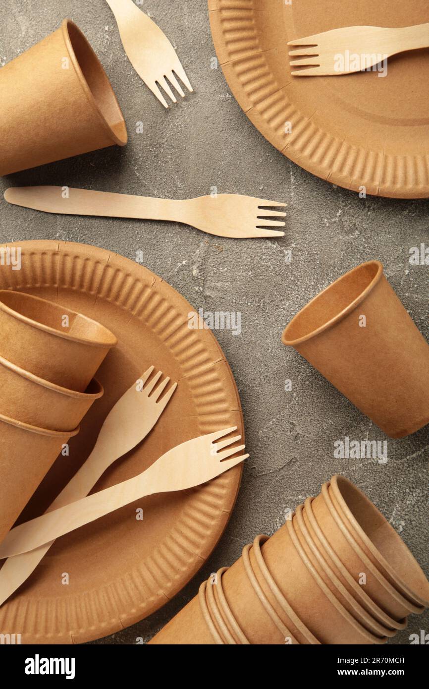 Eco friendly disposable tableware on a grey background. Top view Stock ...