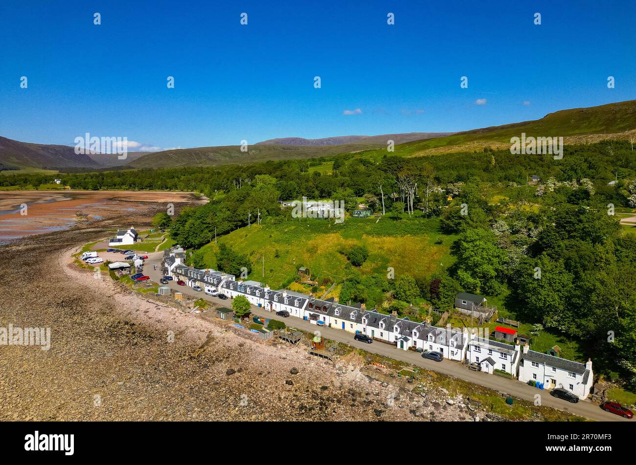 Aerial view from drone of village of Applecross on Applecross Peninsula ...