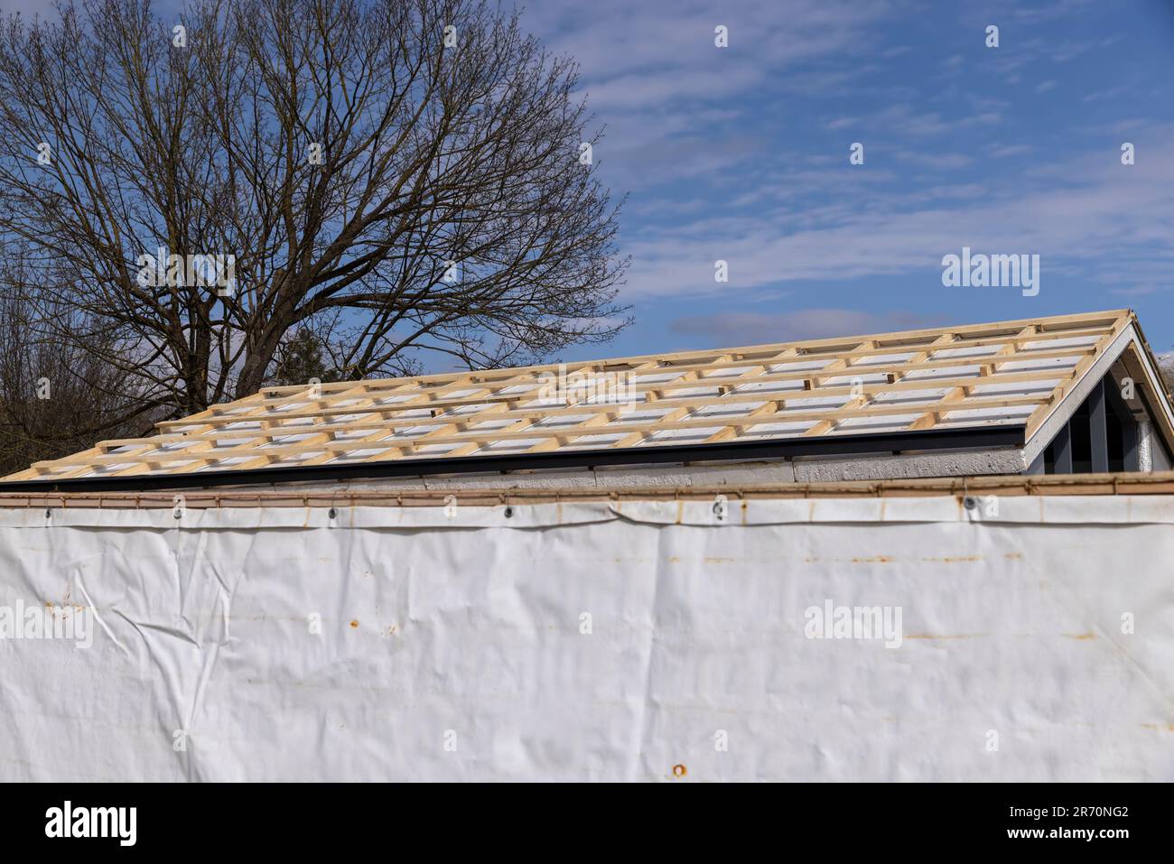 construction of the roof of a new small store in the city, details of ...