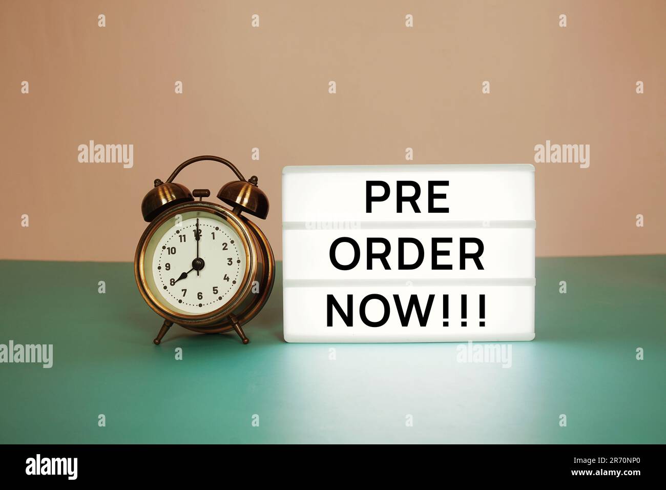 Pre order now!!! text message on paper card with wooden easel and alarm ...