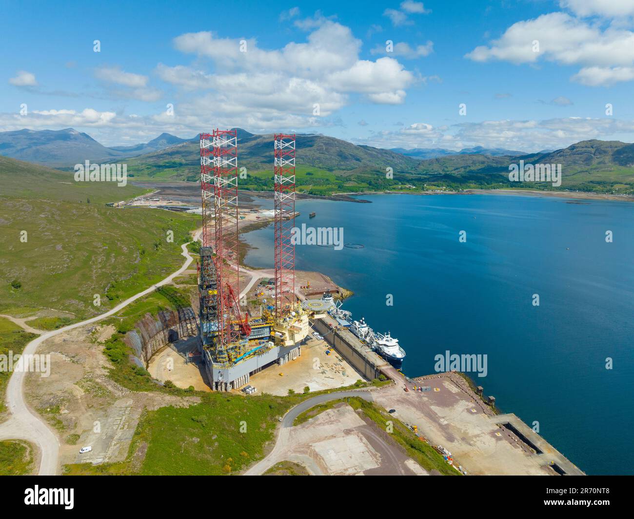 Aerial view from drone of oil industry jack up rig in dry dock at ...