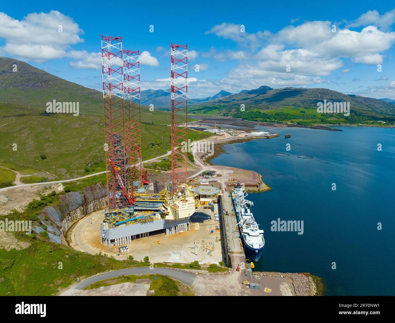 Aerial view from drone of oil industry jack up rig in dry dock at ...