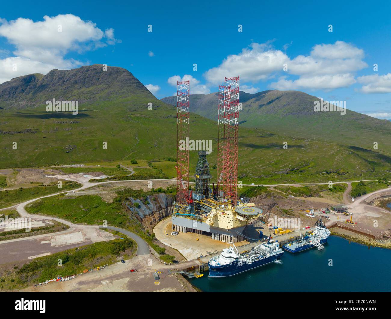 Aerial view from drone of oil industry jack up rig in dry dock at ...