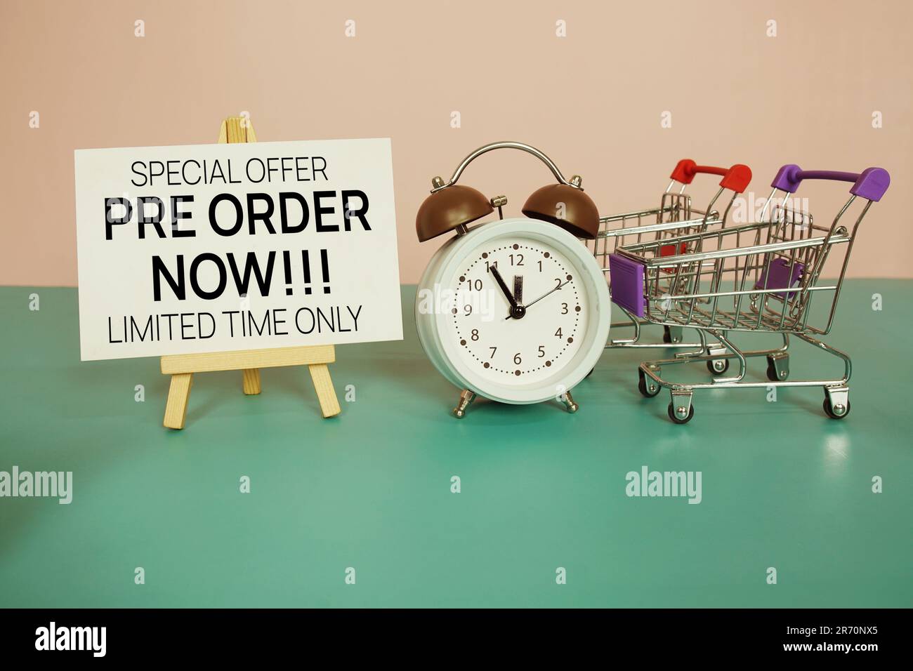Pre Order text message with clock and trolley shopping cart Stock Photo ...