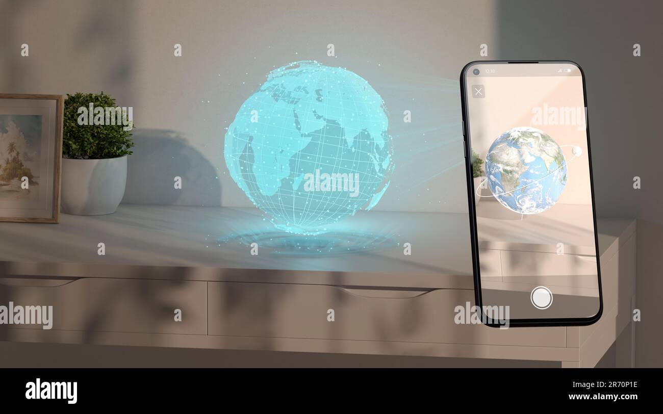 Earth planet hologram stand on table phone display augmented reality ...