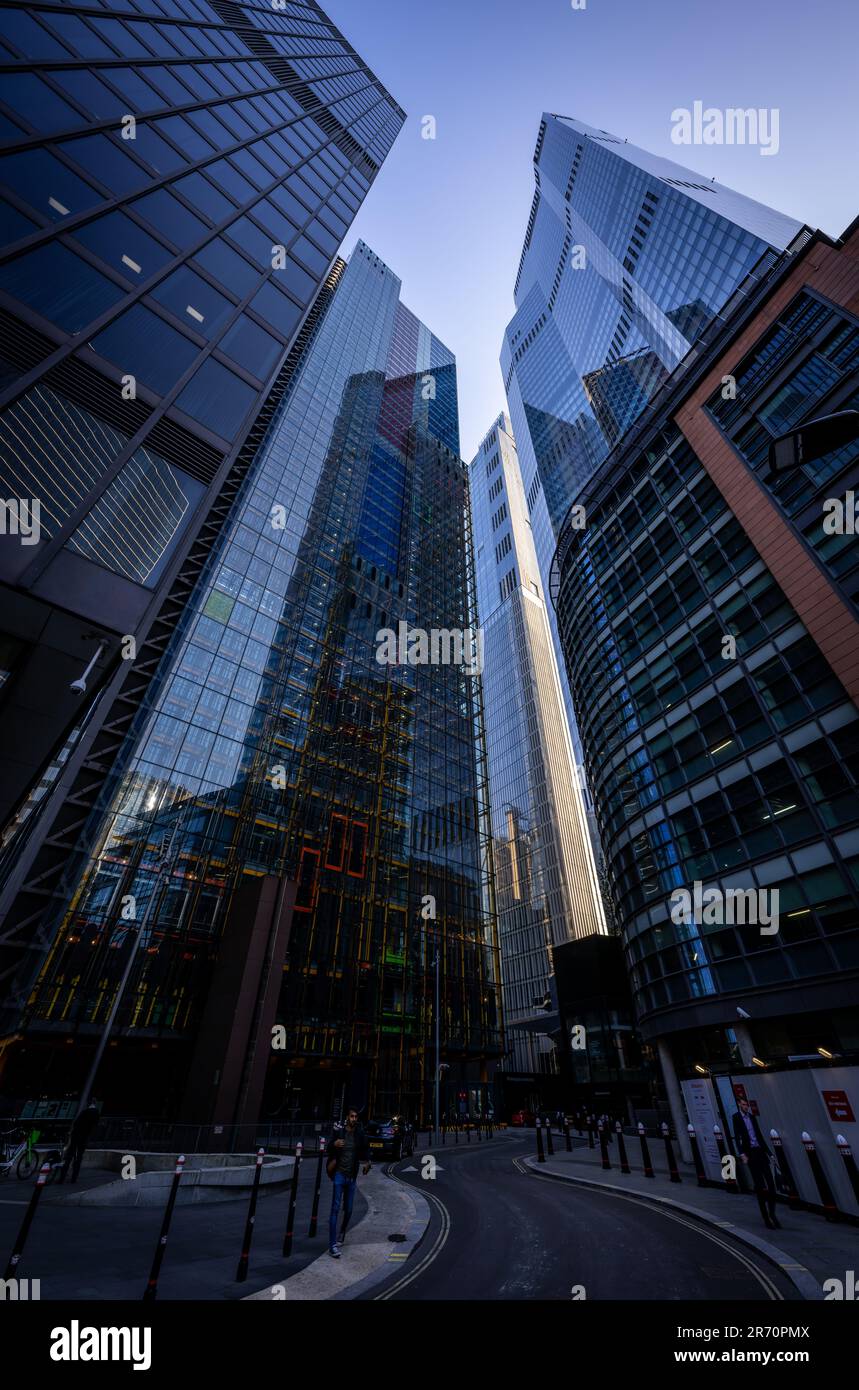 Skyscrapers from Undershaft in the City of London, UK. St Helen's (left ...