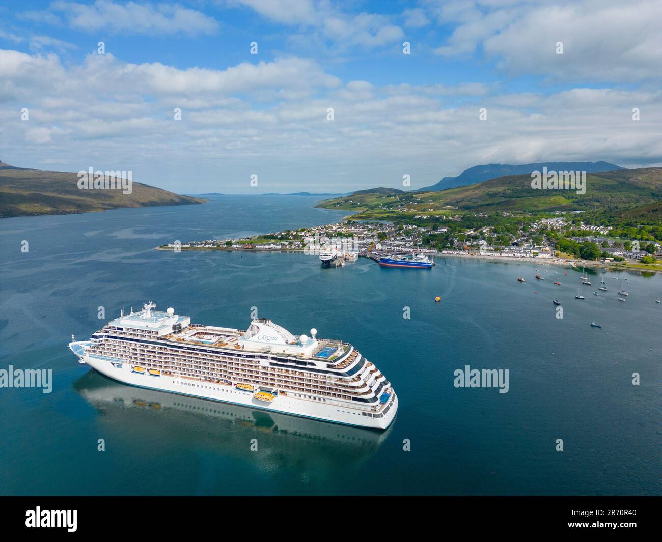 Aerial view of Regent Seven Seas Splendor cruise ship at Ullapool ...
