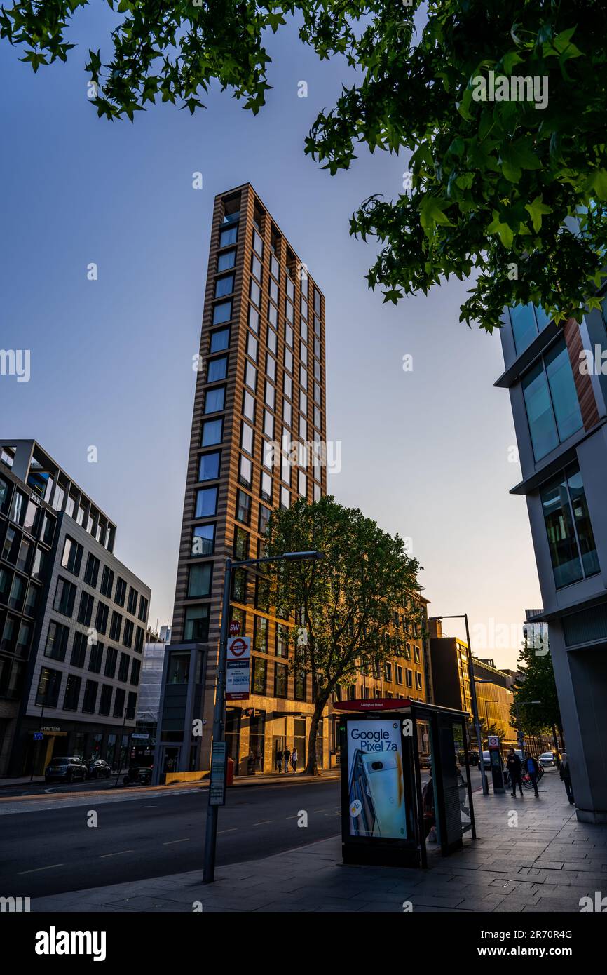 London, UK: Tall and thin apartment building on the junction of ...