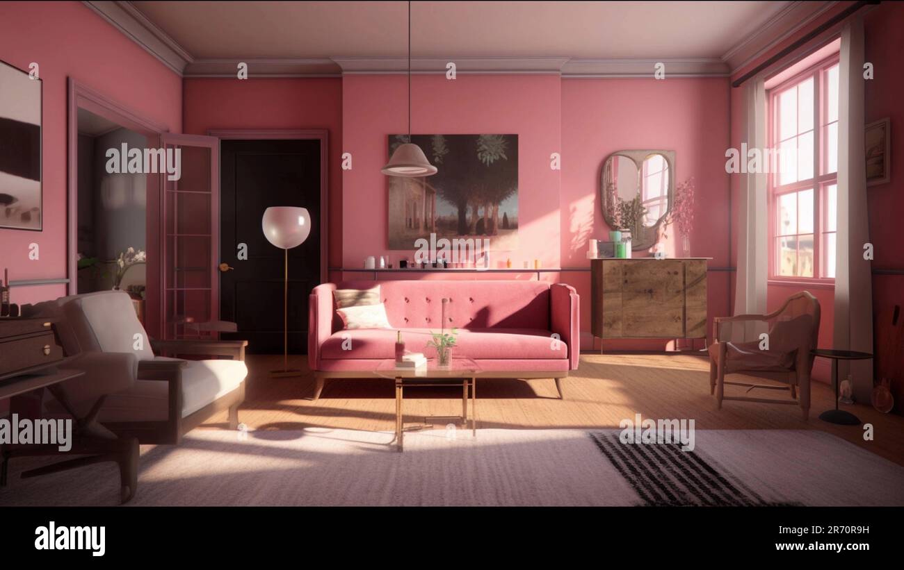 A 3D rendering of a pink living room, conference room, office room ...