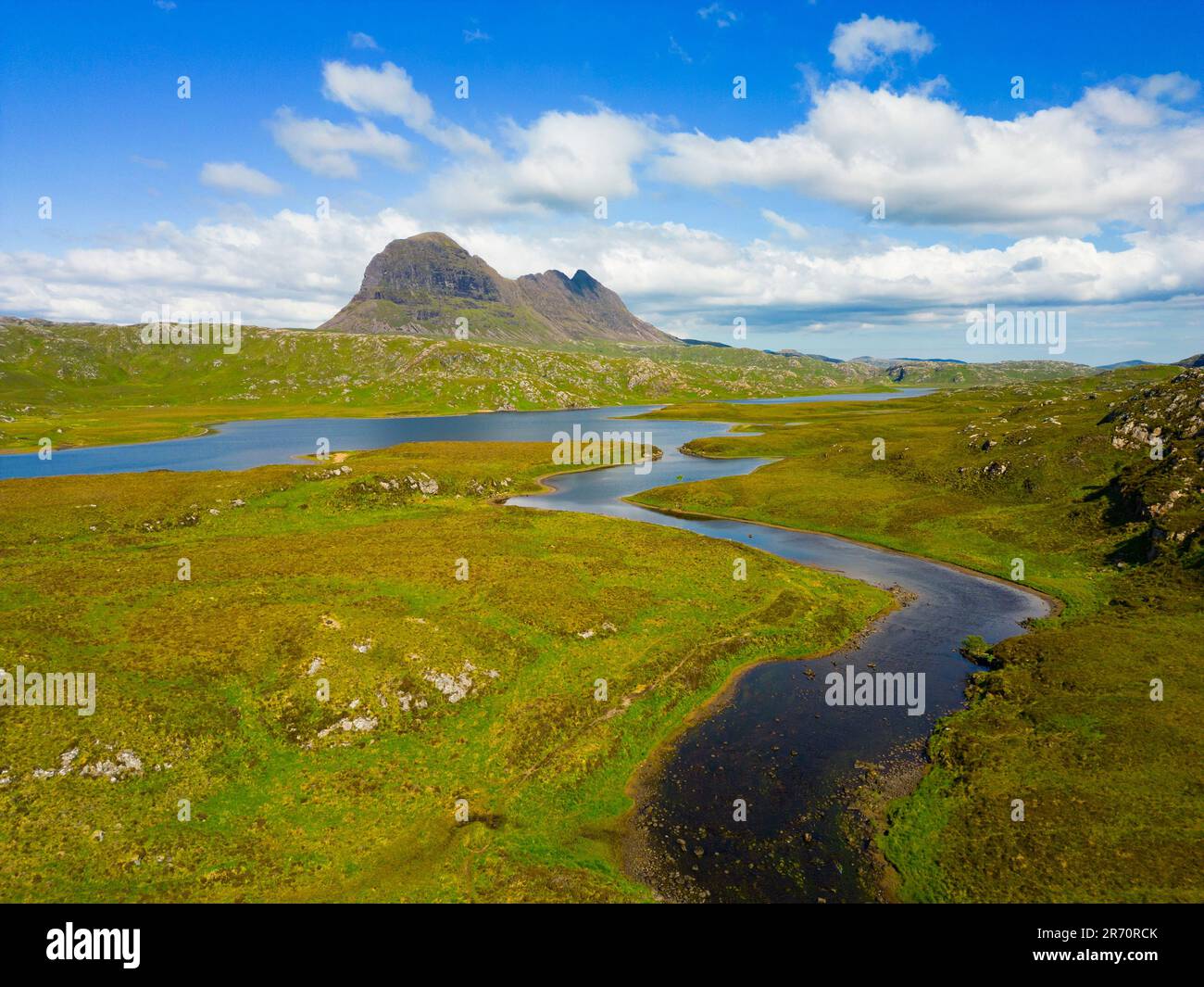 Aerial view of Suilven mountain and River Kirkaig in Assynt-Coigach ...