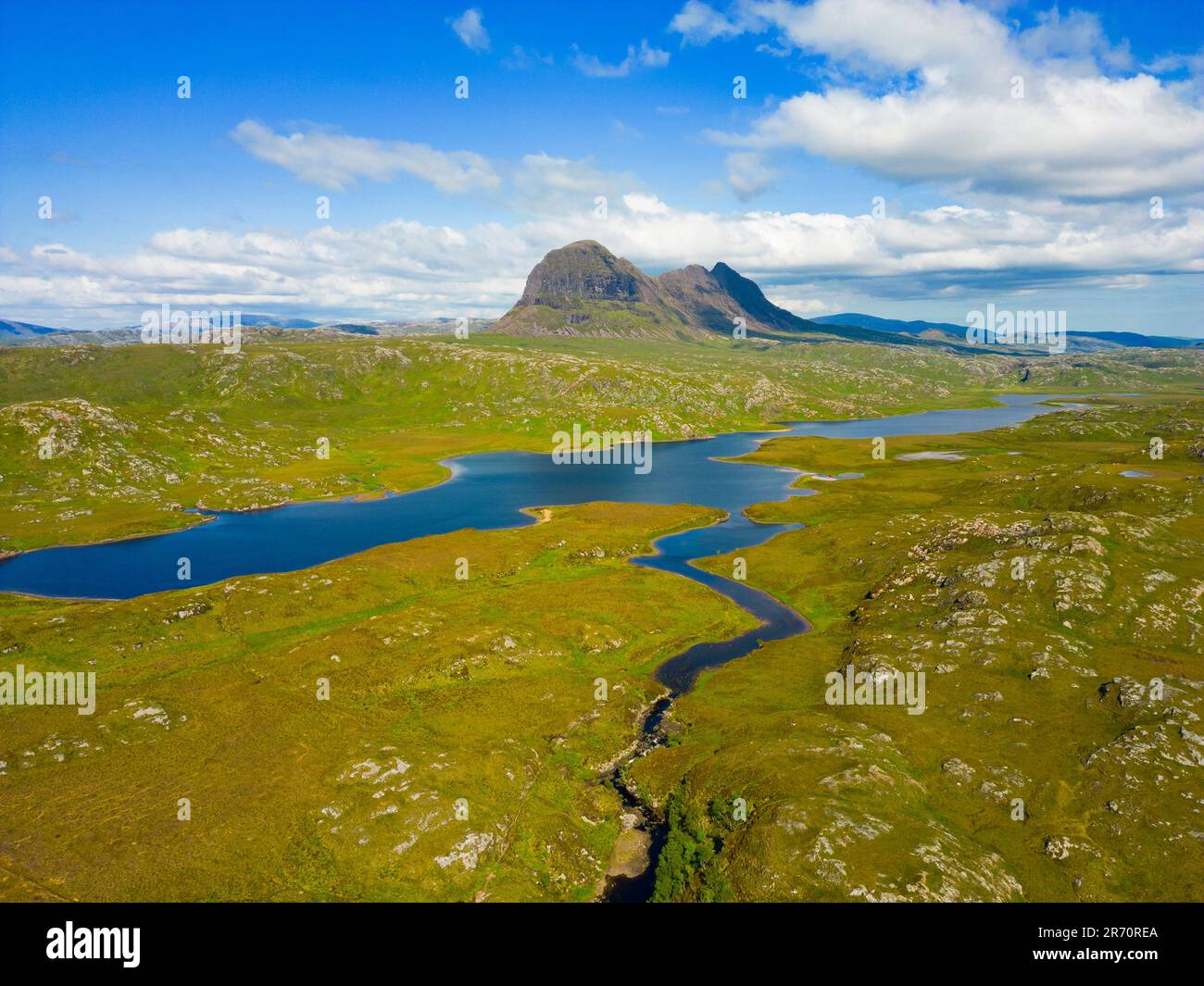 Aerial view of Suilven mountain, River Kirkaig and Fionn Loch in Assynt ...