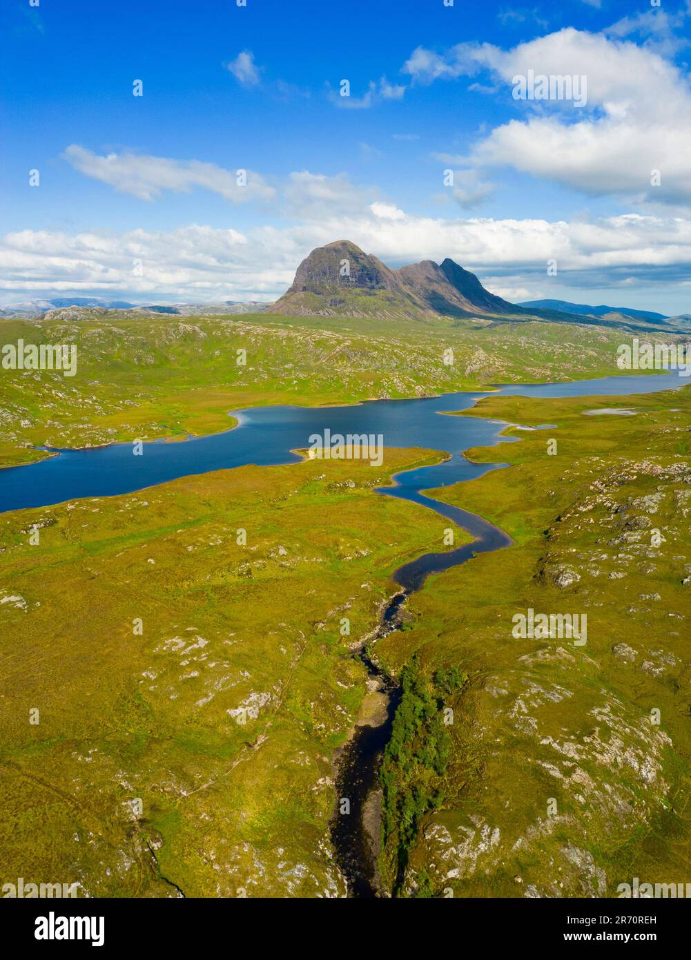 Aerial view of Suilven mountain, River Kirkaig and Fionn Loch in Assynt ...
