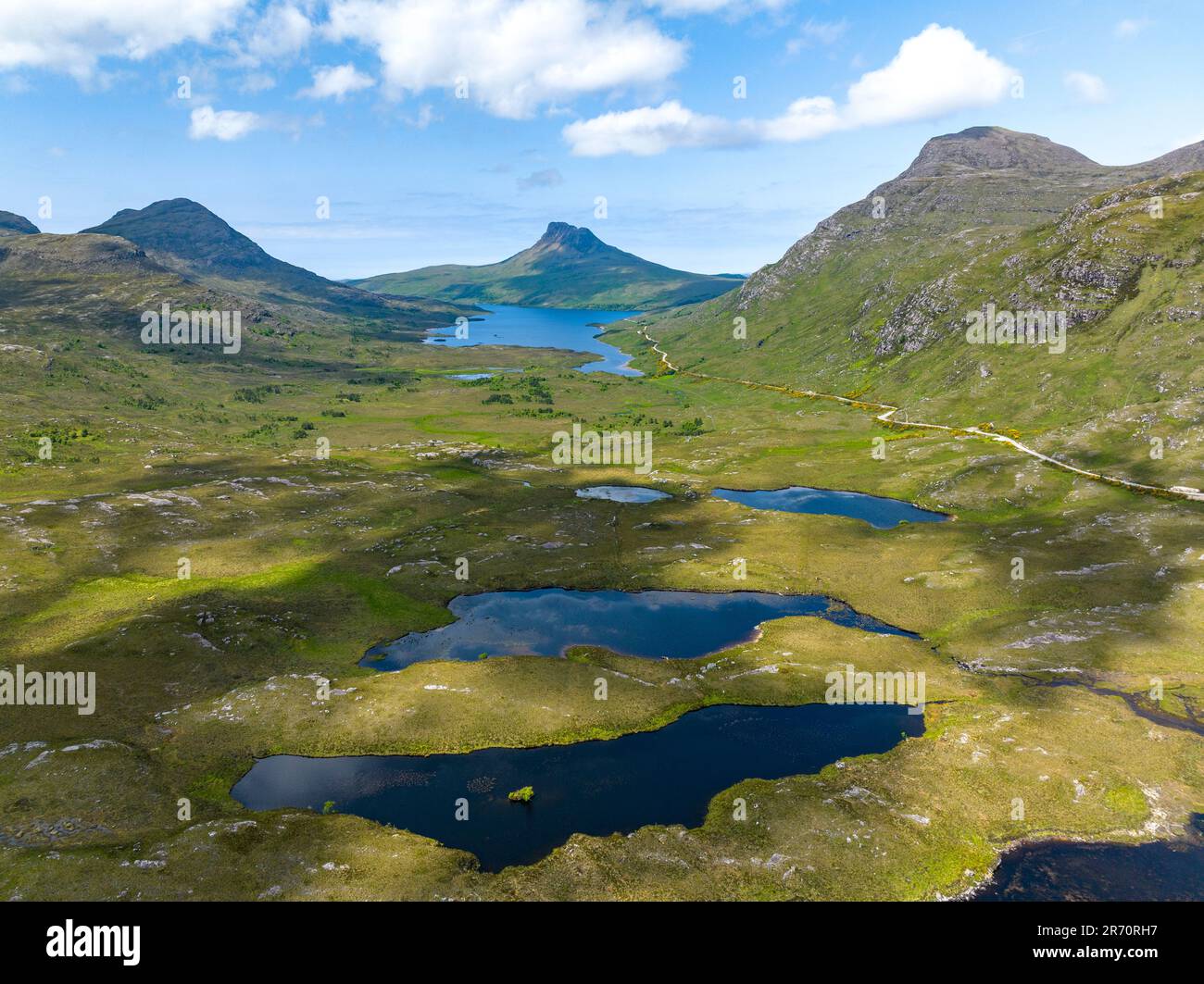 Aerial view of landscape towards Stac Pollaidh in Coigach, Scottish ...