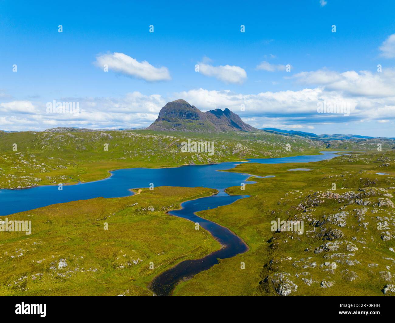 Aerial view of Suilven mountain and River Kirkaig in Assynt-Coigach ...