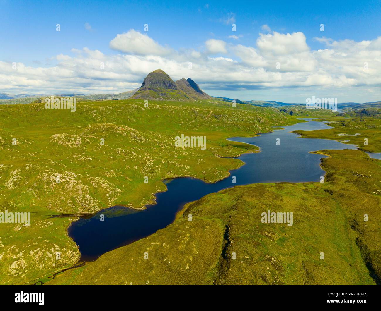 Aerial view of Suilven mountain and Fionn Loch in Assynt-Coigach ...