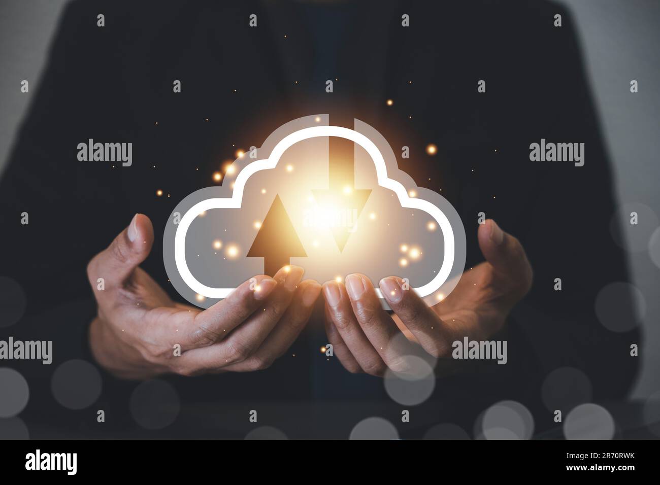 Virtual screen with cloud computing diagram displayed by a man Stock ...