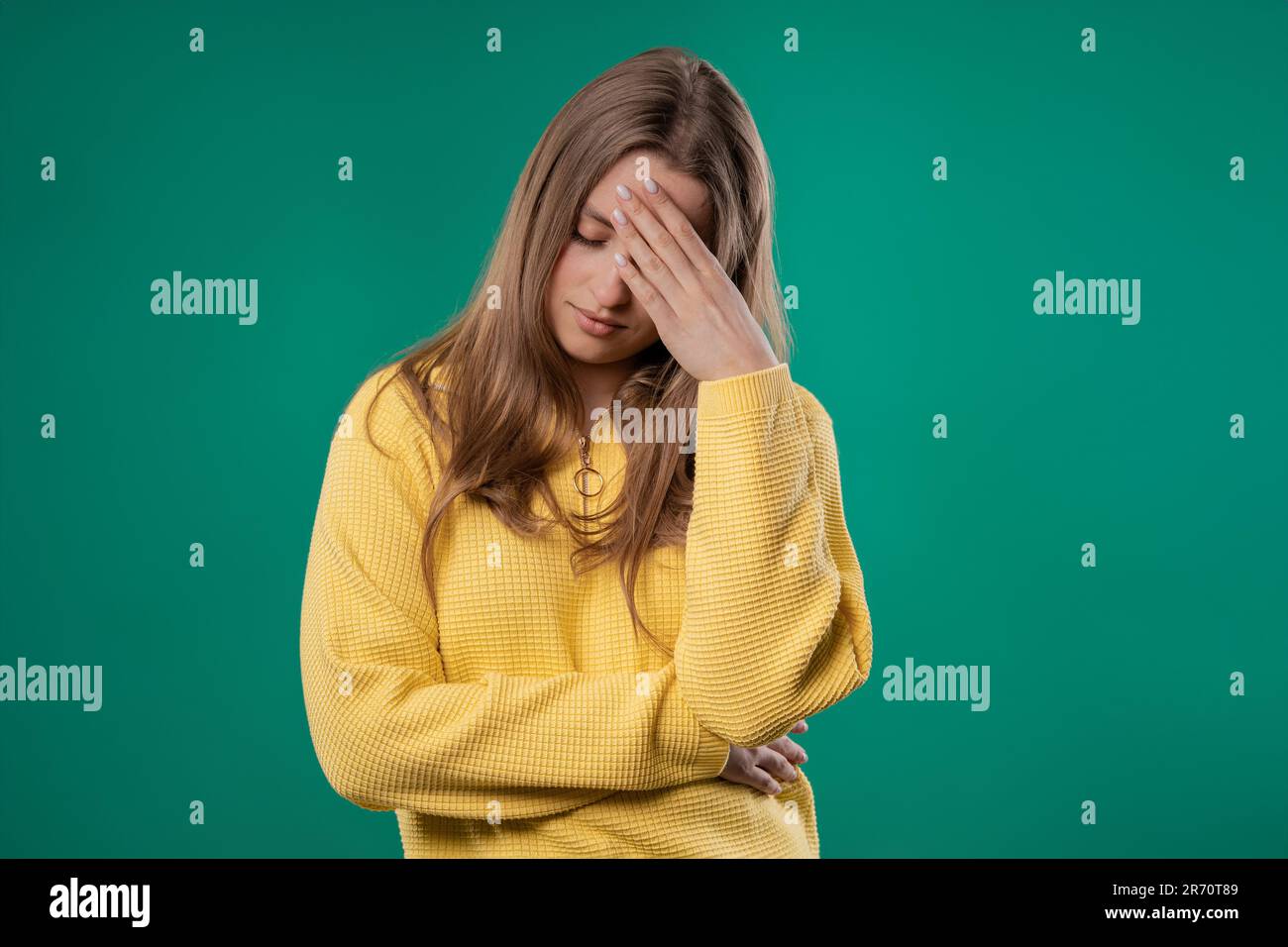 Worried confused woman, no, she forgot.Girl feeling sorrow,regret,drama ...