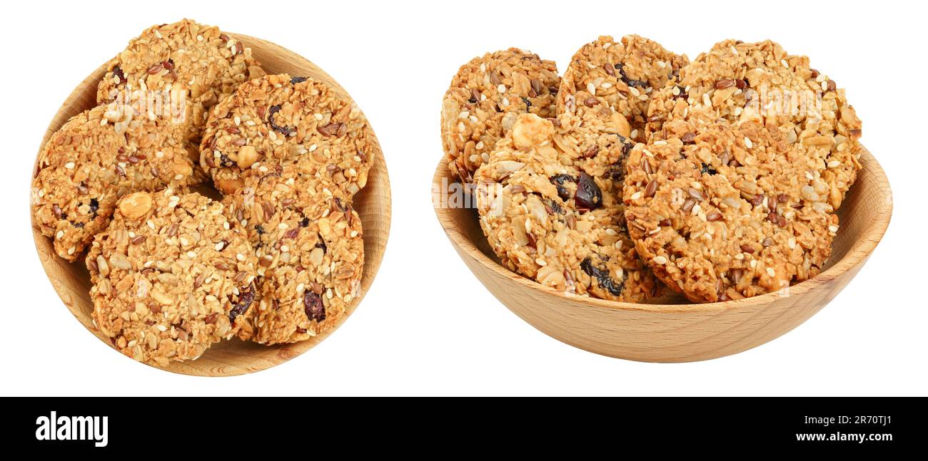 Granola cookie in wooden bowl isolated on white background with full ...