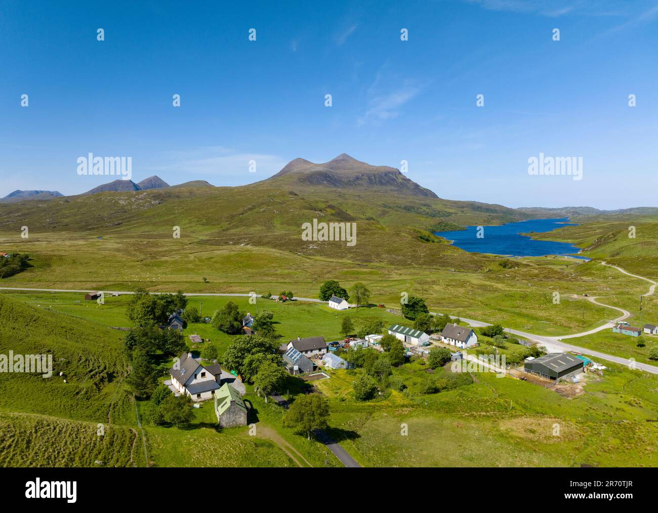 Aerial view towards Cul Mor mountain at Elphin, Assynt, Scottish ...