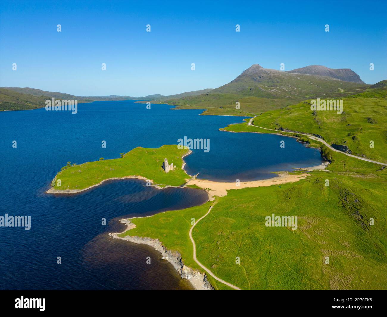 Aerial view from drone of Ardvreck Castle on North Coast 500 route at ...
