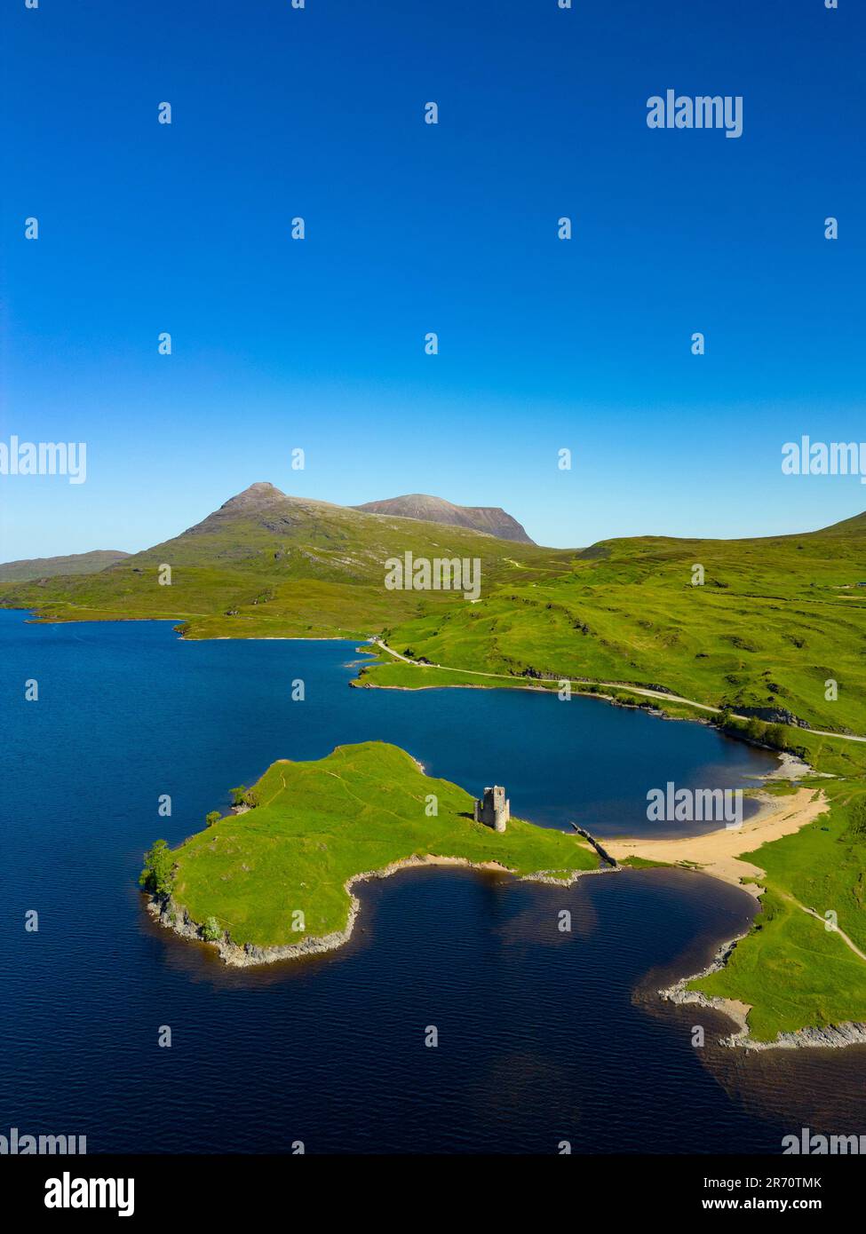 Aerial view from drone of Ardvreck Castle on North Coast 500 route at ...