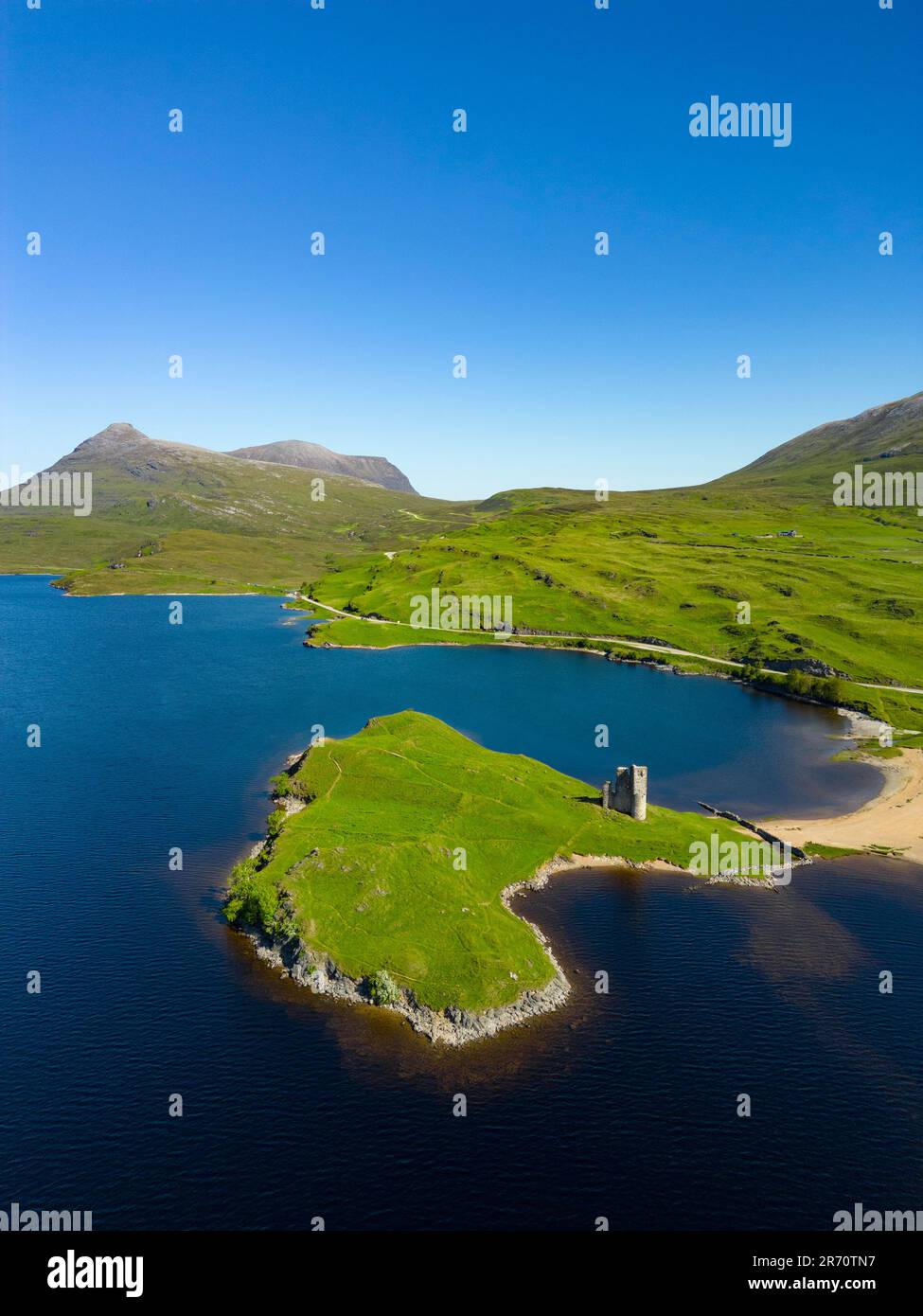 Aerial view from drone of Ardvreck Castle on North Coast 500 route at ...