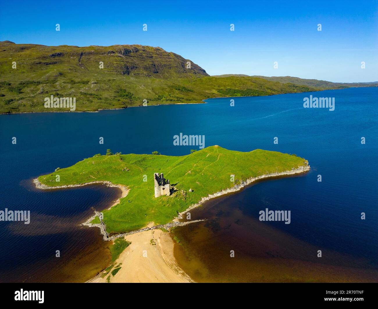 Aerial view from drone of Ardvreck Castle on North Coast 500 route at ...
