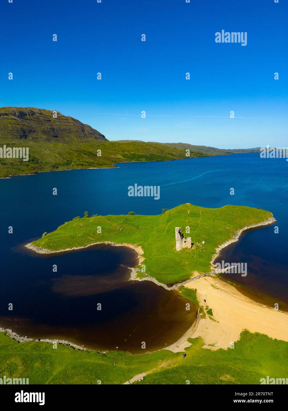 Aerial view from drone of Ardvreck Castle on North Coast 500 route at ...