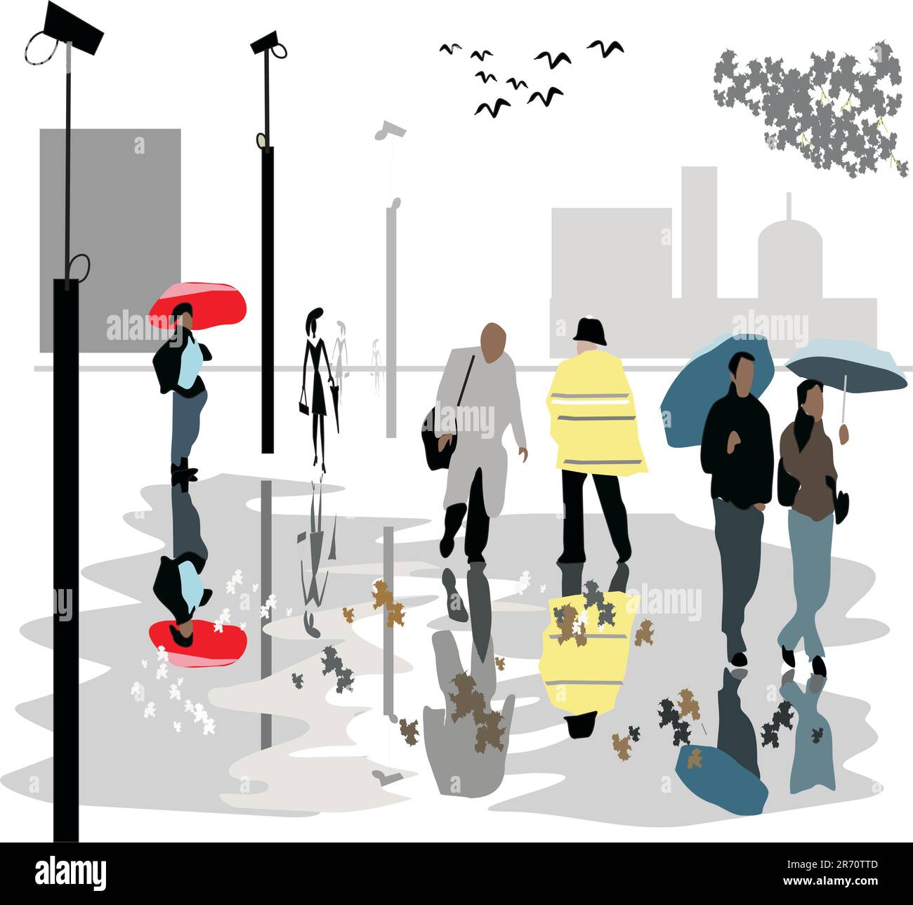 Vector illustration of pedestrians walking through rainy city streets ...