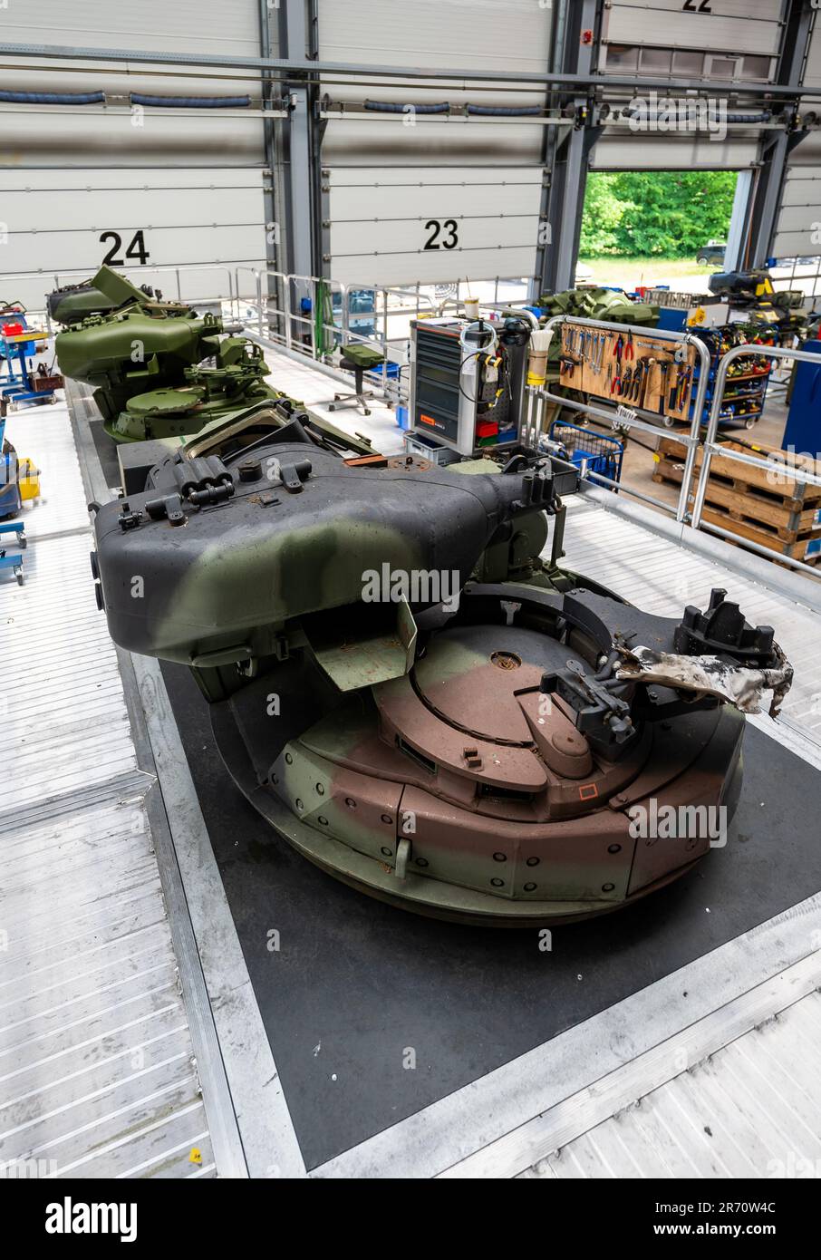 06 June 2023, Lower Saxony, Unterlüß: Turrets from the Marder infantry ...