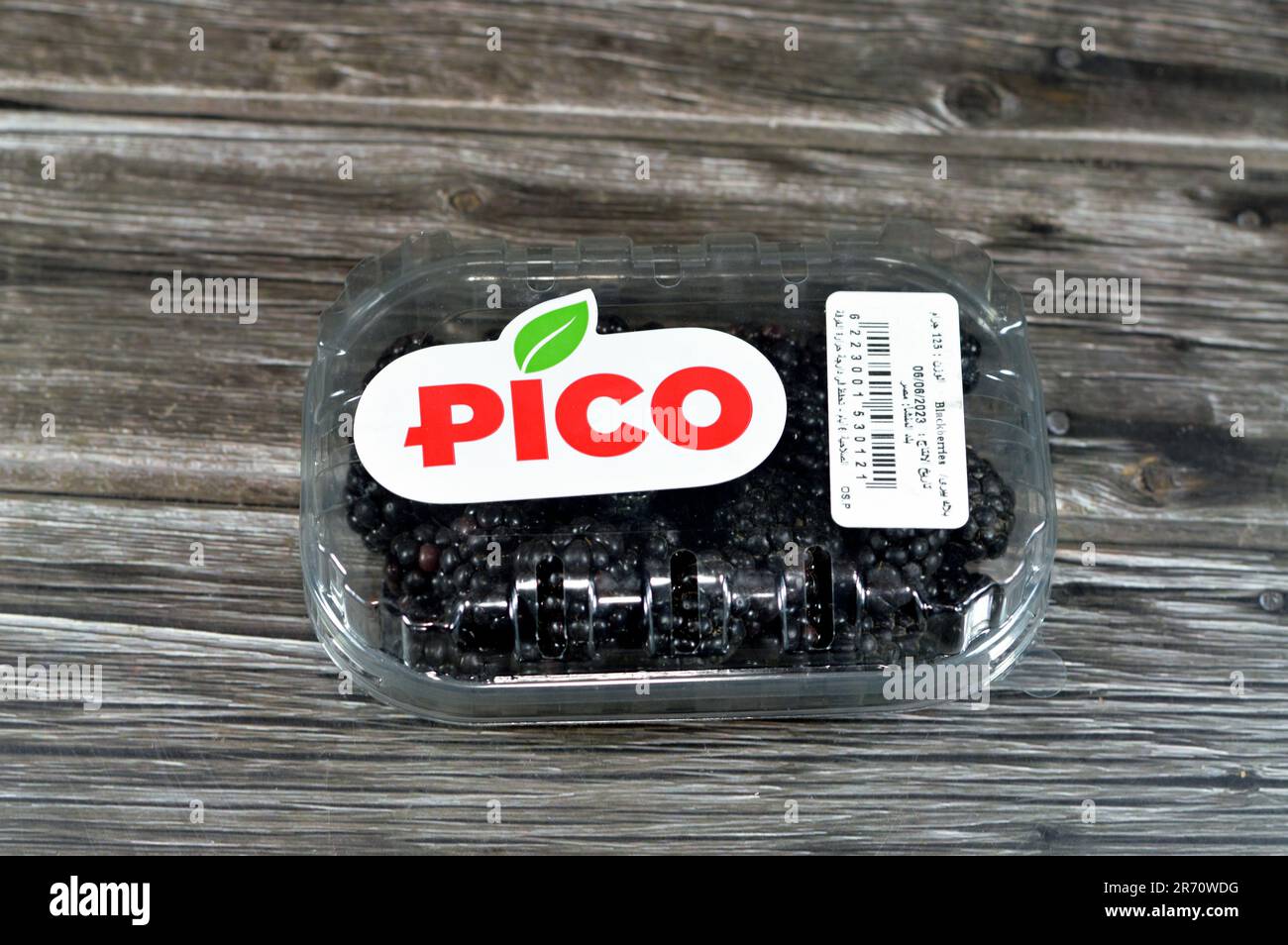Cairo, Egypt, June 6 2023: PICO Blackberry, edible fruit in genus Rubus ...