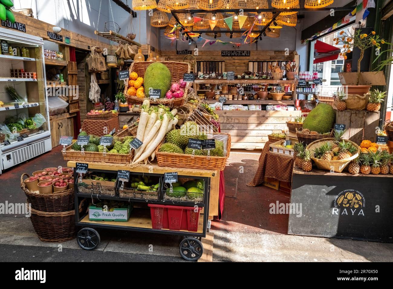 London, UK - 6 June 2023: A healthy eating market stall at Borough ...